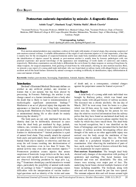 (PDF) Postmortem cadaveric depredation by animals– A diagnostic dilemma