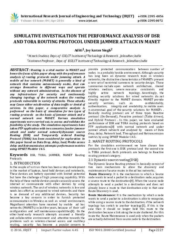 Pdf Simulative Investigation The Performance Analysis Of Dsr And Tora