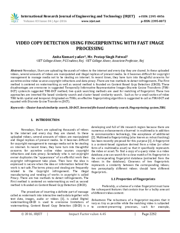 (PDF) VIDEO COPY DETECTION USING FINGERPRINTING WITH FAST IMAGE PROCESSING