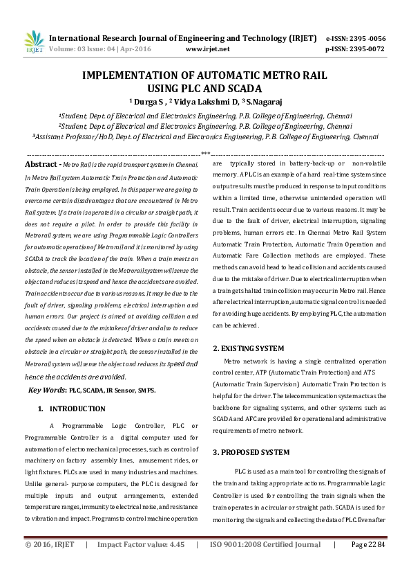 (PDF) IMPLEMENTATION OF AUTOMATIC METRO RAIL USING PLC AND SCADA
