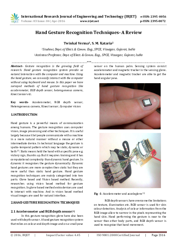 (PDF) Hand Gesture Recognition Techniques-A Review