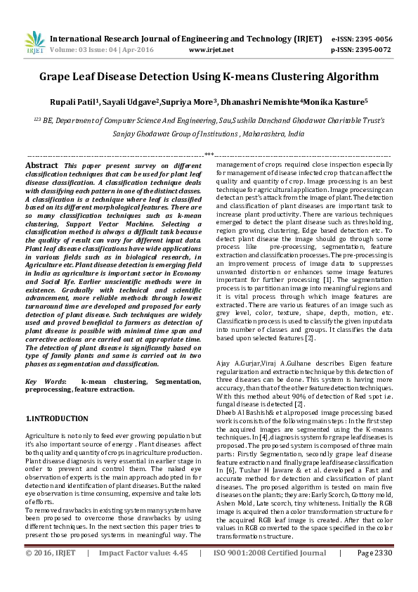 (PDF) Grape Leaf Disease Detection Using K-means Clustering Algorithm