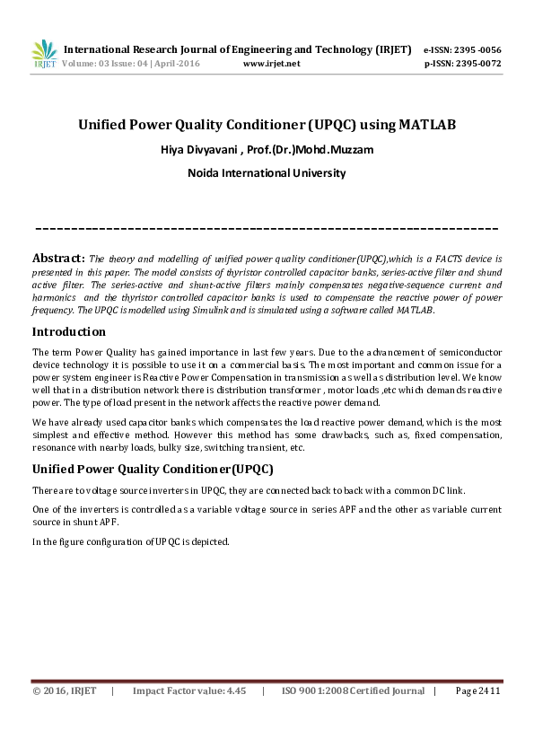 (PDF) Unified Power Quality Conditioner (UPQC) using MATLAB