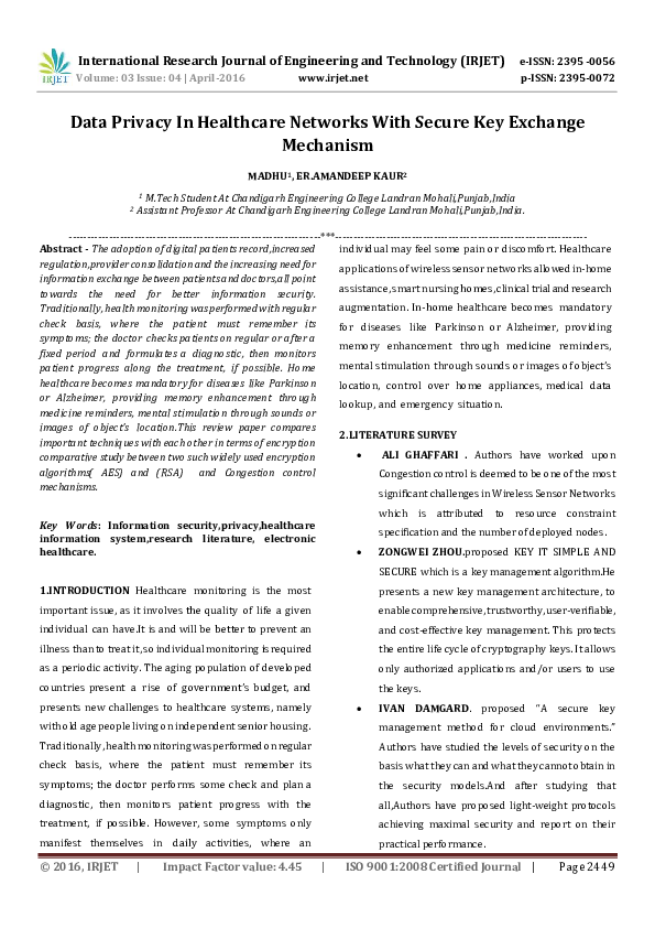 (PDF) Data Privacy In Healthcare Networks With Secure Key Exchange ...