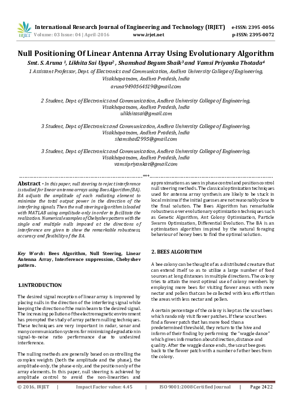 (PDF) Null Positioning Of Linear Antenna Array Using Evolutionary Algorithm