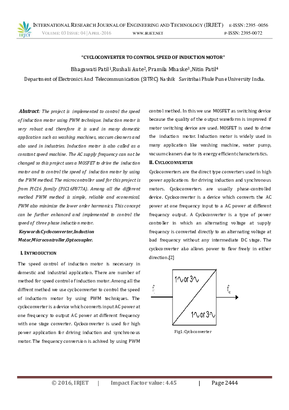 Pdf Cycloconverter To Control Speed Of Induction Motor