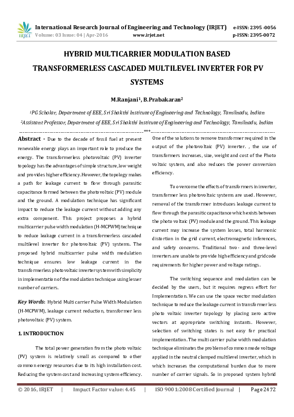 Pdf Hybrid Multicarrier Modulation Based Transformerless Cascaded Multilevel Inverter For Pv