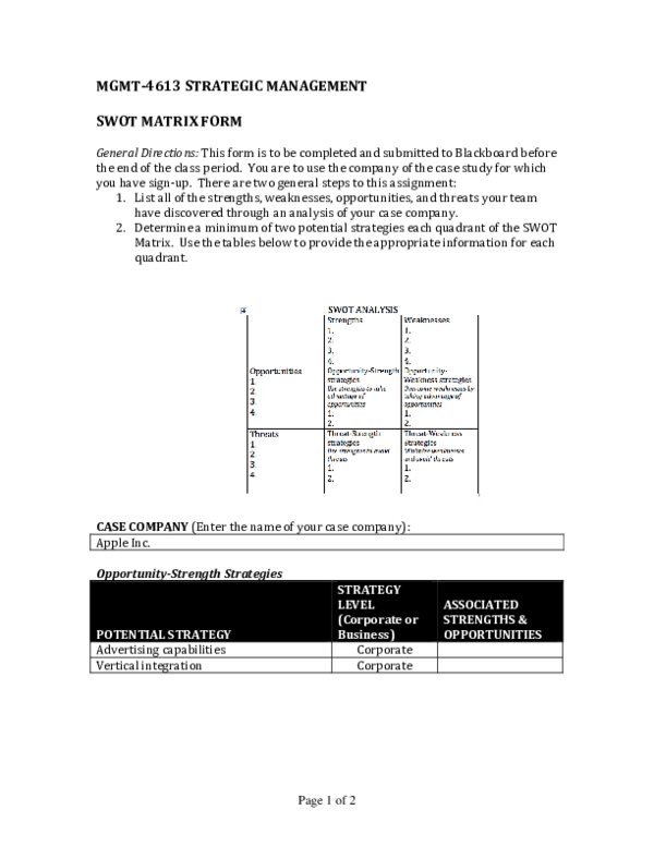 (DOC) MGMT-4613 STRATEGIC MANAGEMENT SWOT MATRIX FORM