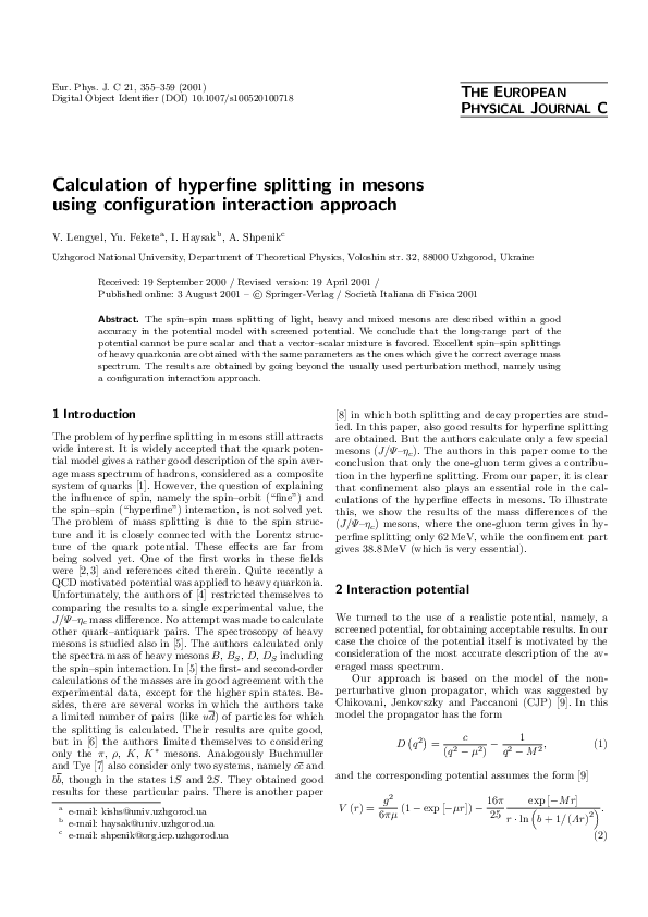 (PDF) Calculation of hyperfine splitting in mesons using configuration interaction approach