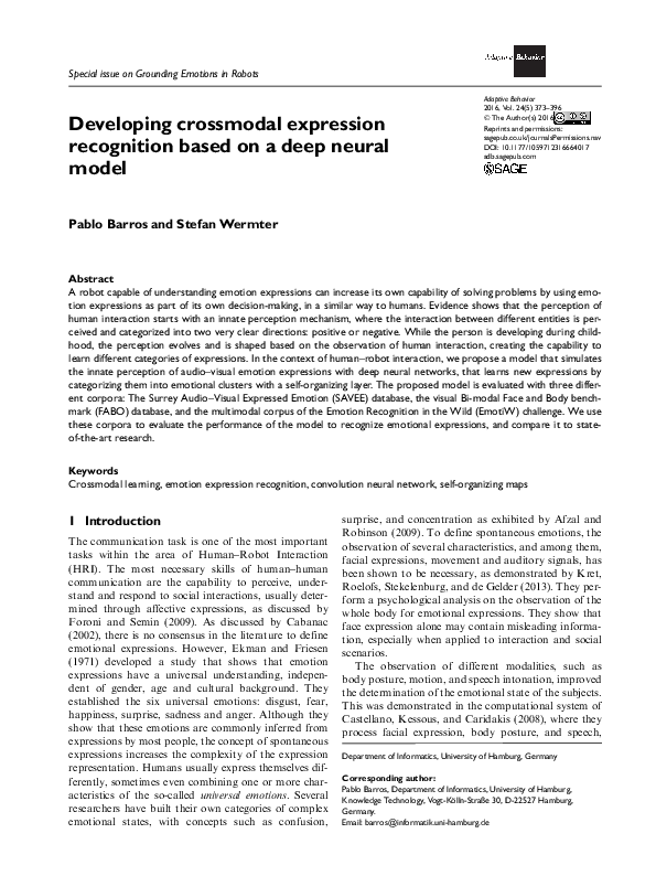 Pdf Developing Crossmodal Expression Recognition Based On A Deep Neural Model