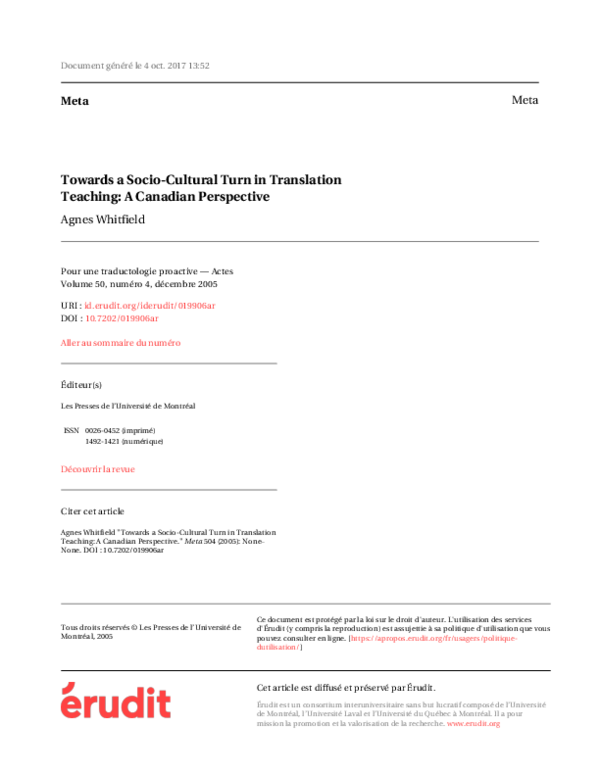 (PDF) Towards a Socio-Cultural Turn in Translation Teaching: A Canadian ...