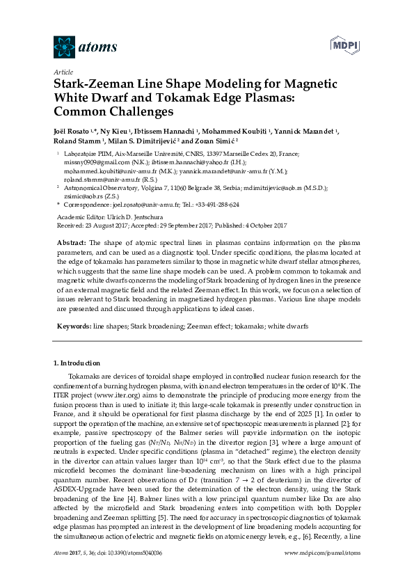 (PDF) Stark-Zeeman Line Shape Modeling for Magnetic White Dwarf and ...