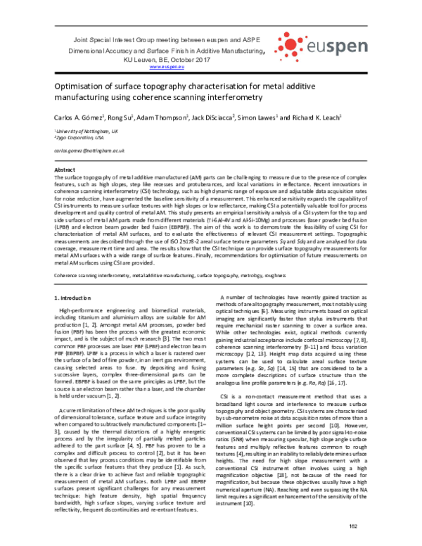 Pdf Optimisation Of Surface Topography Characterisation For Metal Additive Manufacturing Using