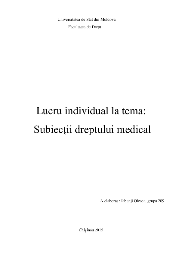 (DOC) Lucru individual la tema: Subiecții dreptului medical