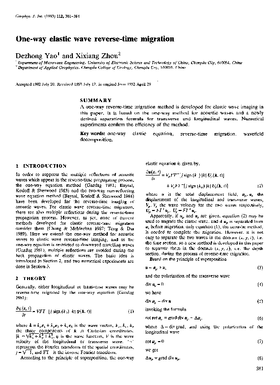 (PDF) One-Way Elastic Wave Reverse-Time Migration