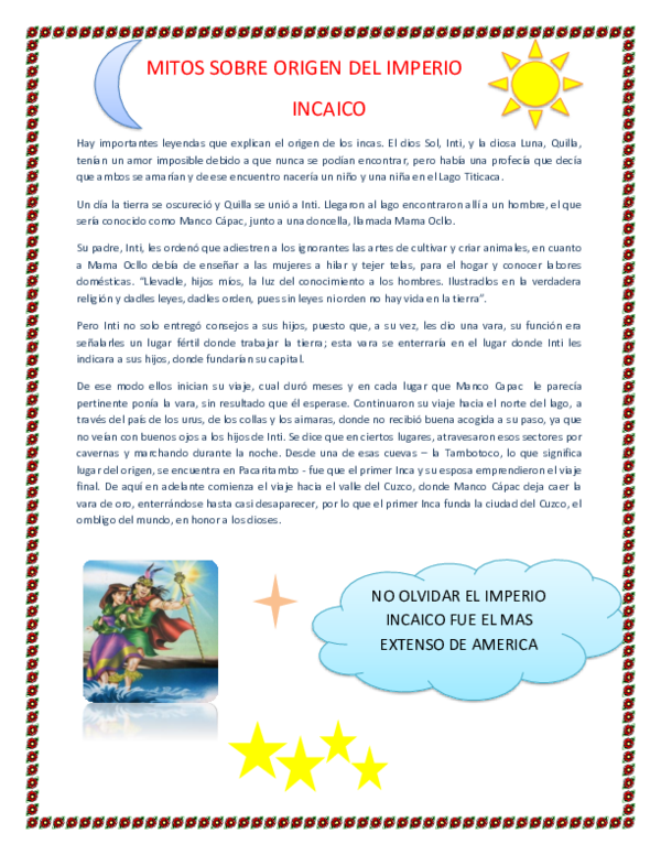 (DOC) MITOS SOBRE ORIGEN DEL IMPERIO INCAICO