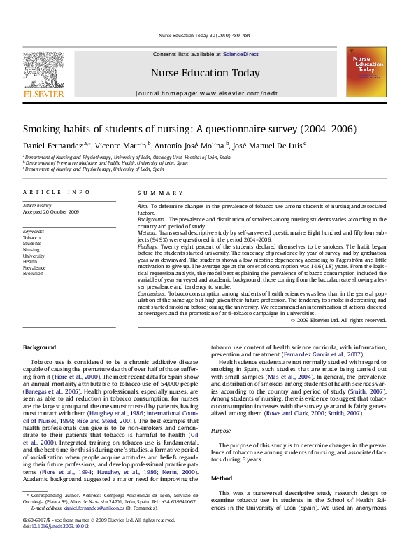 (PDF) Smoking habits of students of nursing: A questionnaire survey ...