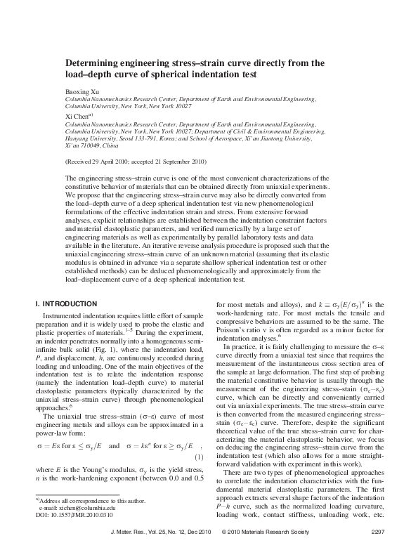 (PDF) Determining engineering stress–strain curve directly from the load–depth curve of ...