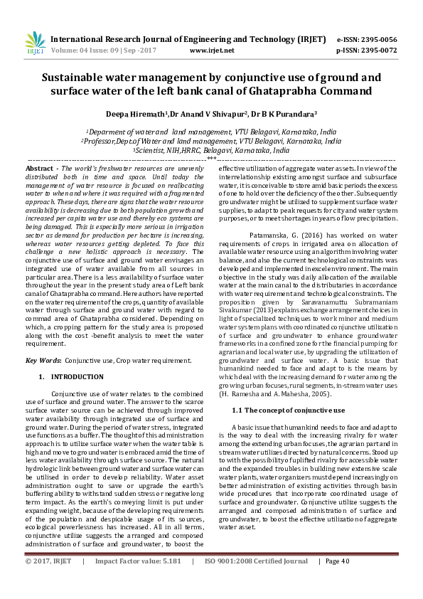 Pdf Sustainable Water Management By Conjunctive Use Of Ground And Surface Water Of The Left