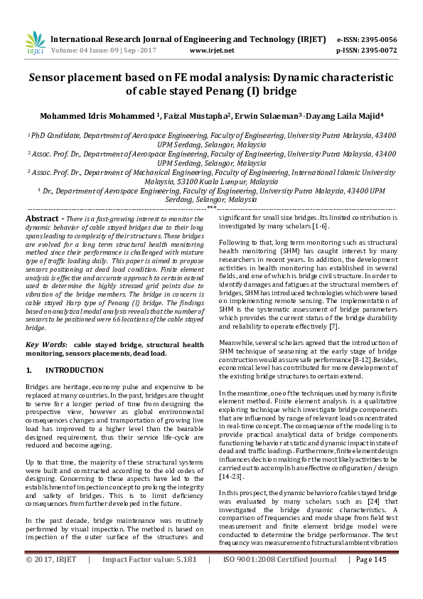 (PDF) Sensor placement based on FE modal analysis: Dynamic characteristic of cable stayed Penang ...