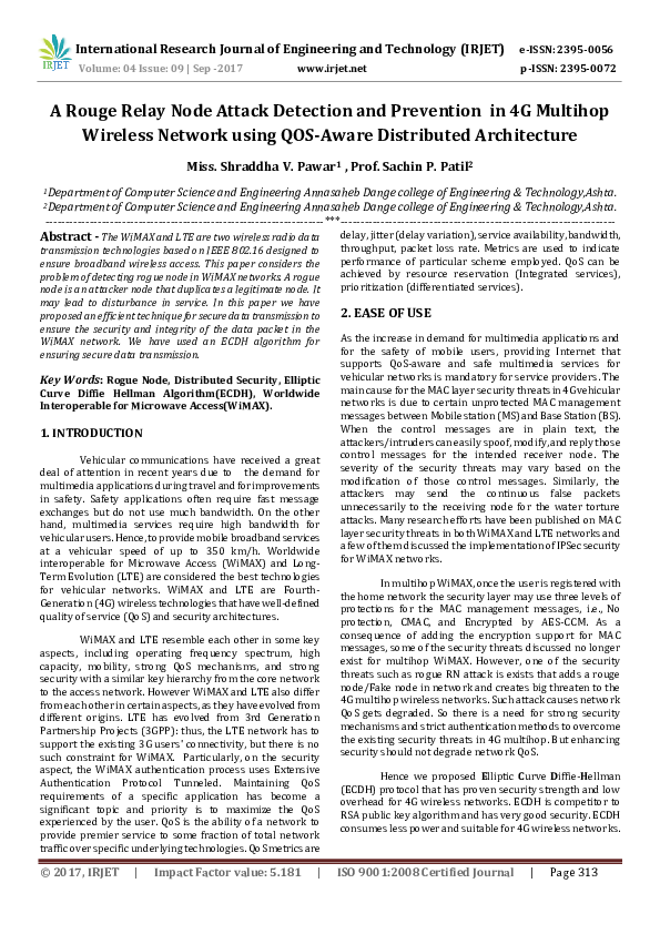 (PDF) A Rouge Relay Node Attack Detection and Prevention in 4G Multihop Wireless Network using ...