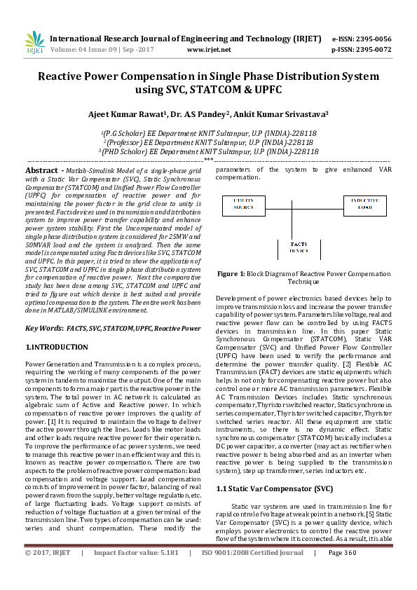 Pdf Reactive Power Compensation In Single Phase Distribution System Using Svc Statcom And Upfc