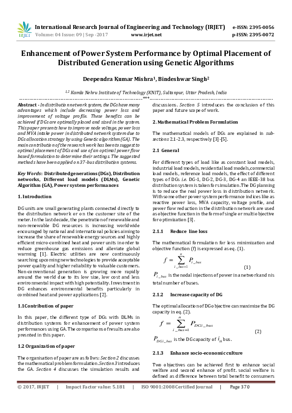 Pdf Enhancement Of Power System Performance By Optimal Placement Of Distributed Generation
