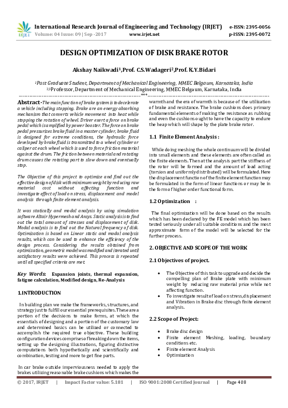 (PDF) DESIGN OPTIMIZATION OF DISK BRAKE ROTOR