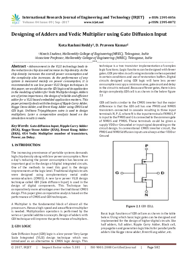 (PDF) Designing of Adders and Vedic Multiplier using Gate Diffusion Input
