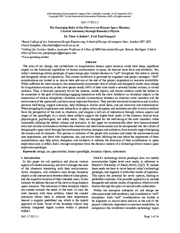 (PDF) The Emerging Roles of the Observer on Human Space Missions ...