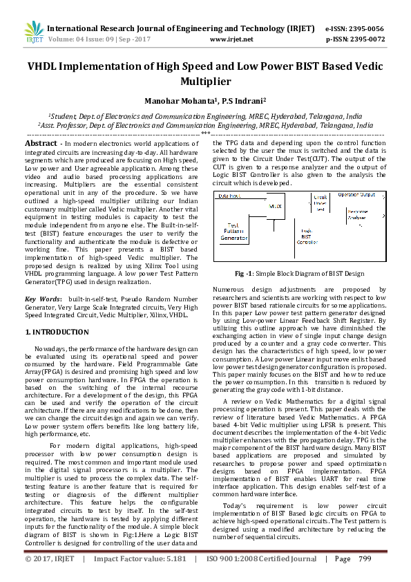 (PDF) VHDL Implementation of High Speed and Low Power BIST Based Vedic Multiplier | IRJET ...