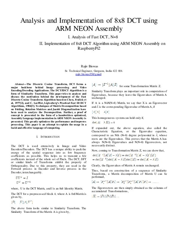 Pdf Analysis And Implementation Of 8x8 Dct Using Arm Neon Assembly I Analysis Of Fast Dct N 
