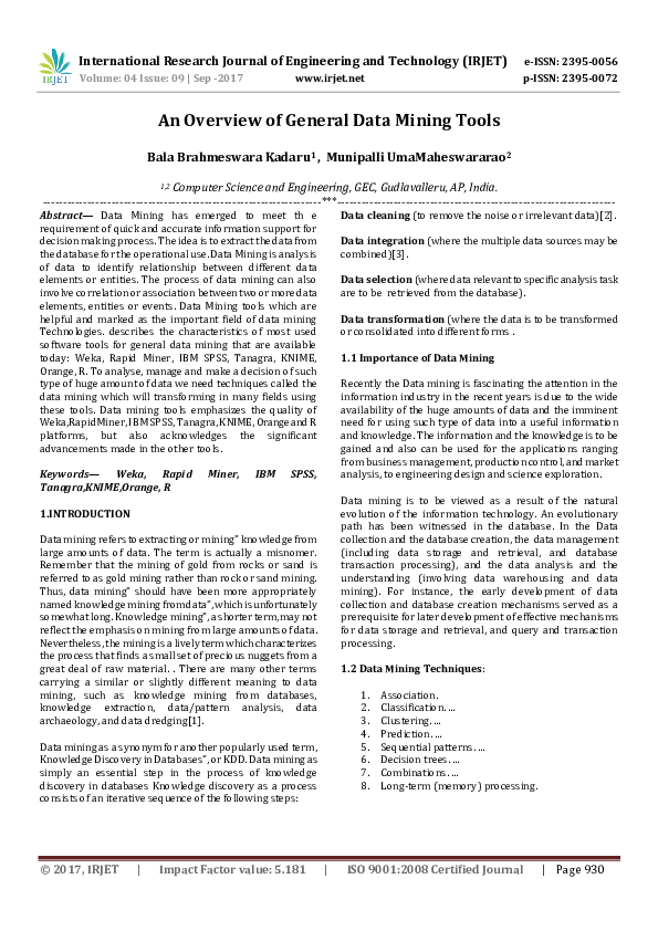 (PDF) An Overview of General Data Mining Tools | IRJET Journal ...