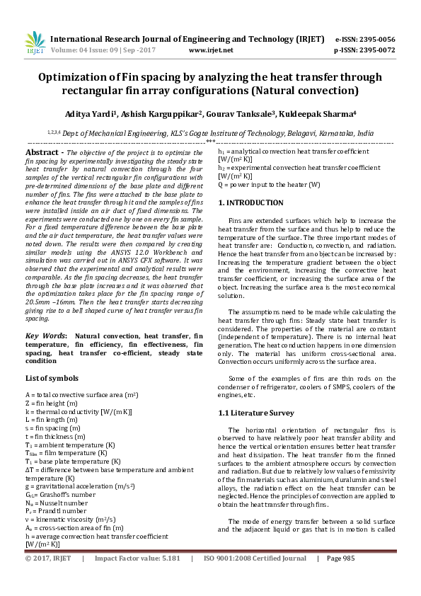 (PDF) Optimization of Fin spacing by analyzing the heat transfer through rectangular fin array ...