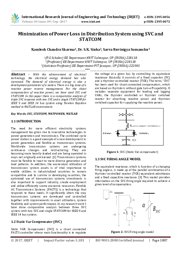 (PDF) Minimization of Power Loss in Distribution System using SVC and STATCOM
