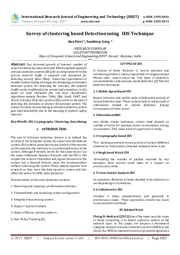 (PDF) Survey of clustering based Detection using IDS Technique