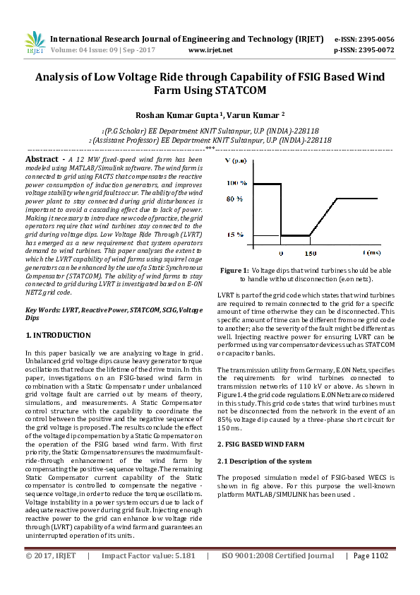 (PDF) Analysis of Low Voltage Ride through Capability of FSIG Based Wind Farm Using STATCOM