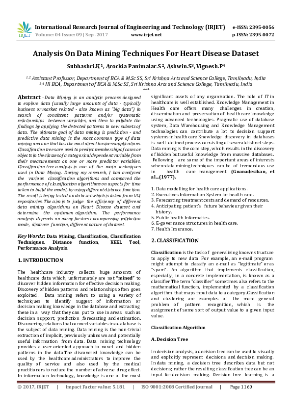 Pdf Analysis On Data Mining Techniques For Heart Disease Dataset Irjet Journal