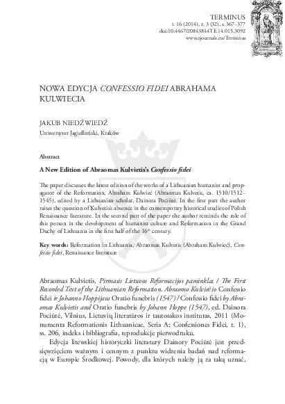 (PDF) Dainora Pociūtė, Edycja Confessio fidei (1547) Abrahama Kulwiecia