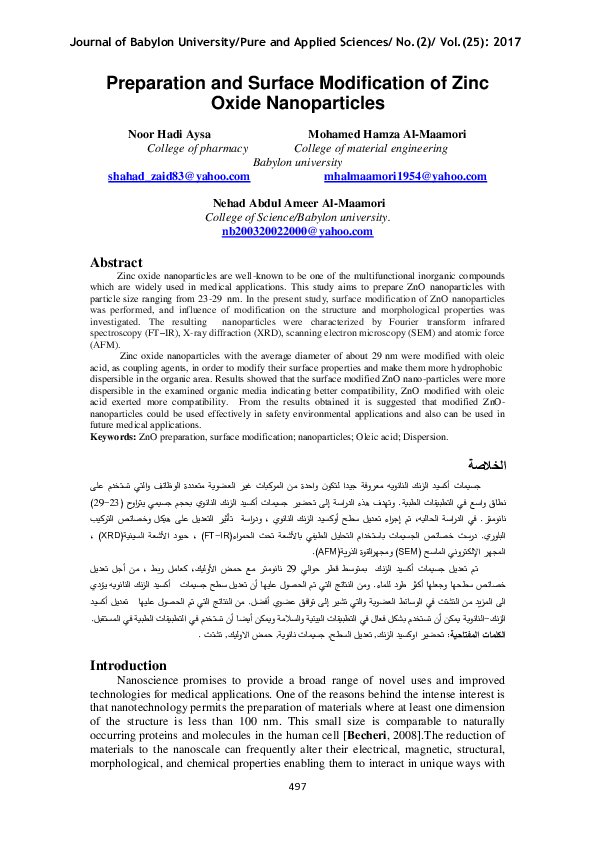 (PDF) Preparation and Surface Modification of Zinc Oxide Nanoparticles