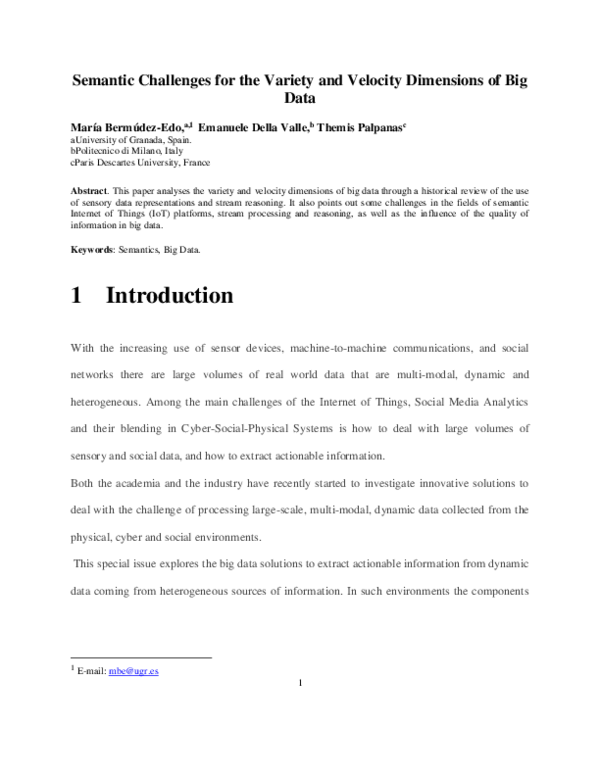 (PDF) Semantic Challenges for the Variety and Velocity Dimensions of ...