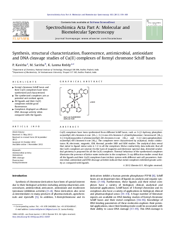 (PDF) Synthesis, structural characterization, fluorescence, antimicrobial, antioxidant and DNA ...