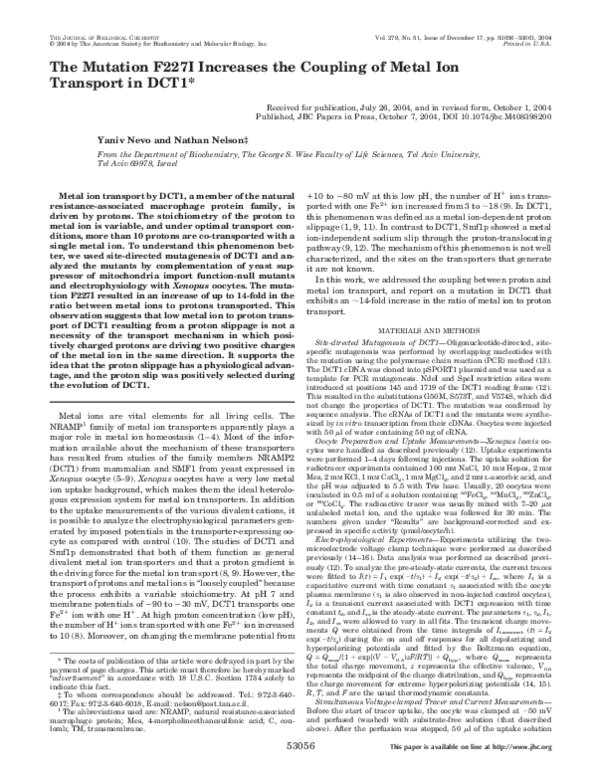 (PDF) The Mutation F227I Increases the Coupling of Metal Ion Transport in DCT1