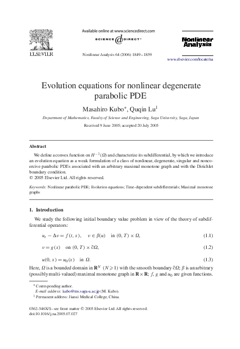 (PDF) Evolution equations for nonlinear degenerate parabolic PDE (PDF) Evolution equations for nonlinear degenerate parabolic PDE