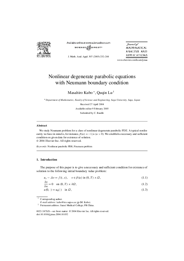 Pdf Nonlinear Degenerate Parabolic Equations With Neumann Boundary Condition Masahiro Kubo