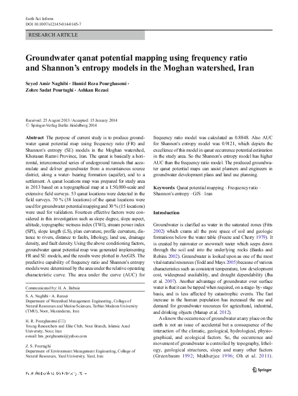 (PDF) Groundwater qanat potential mapping using frequency ratio and Shannon’s entropy models in ...