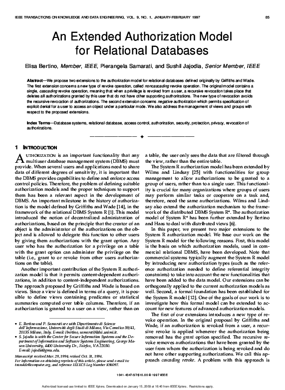 (PDF) An Extended Authorization Model for Relational Databases