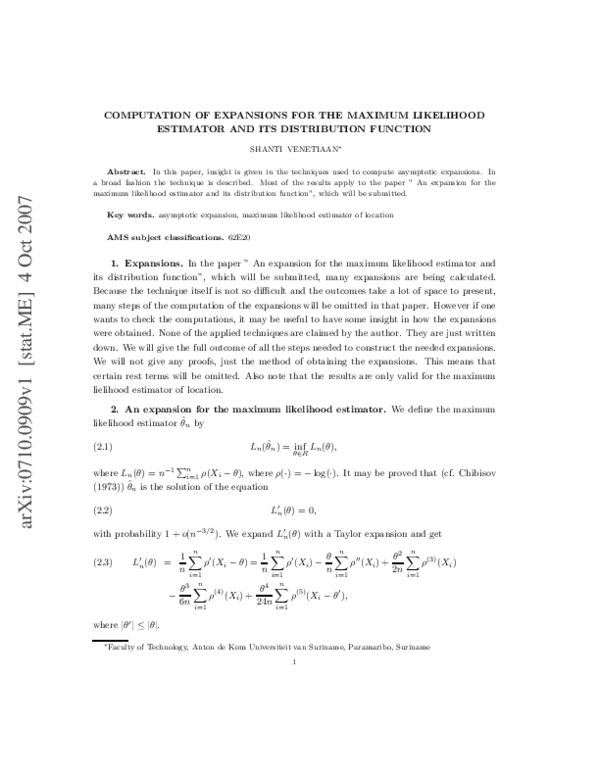 Pdf Computation Of Expansions For The Maximum Likelihood Estimator