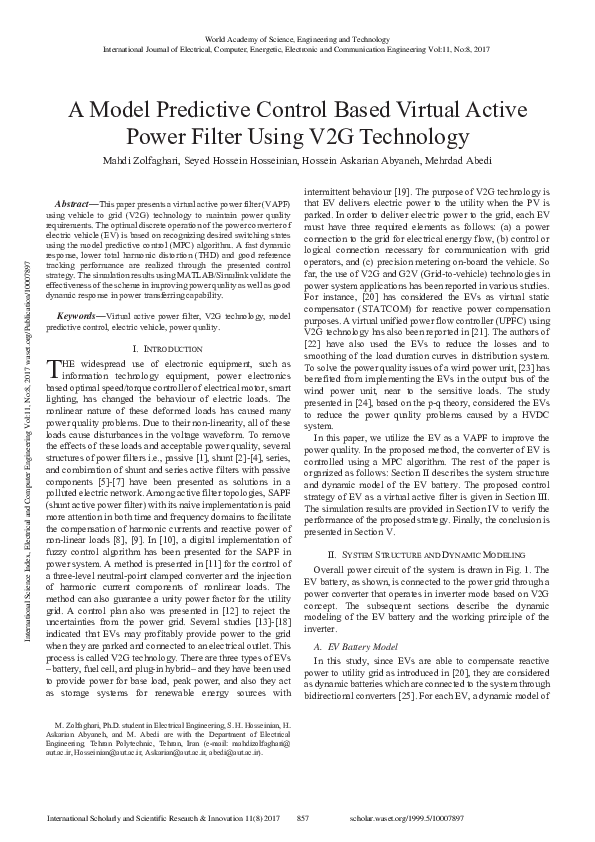 (PDF) A Model Predictive Control Based Virtual Active Power Filter Using V2G Technology