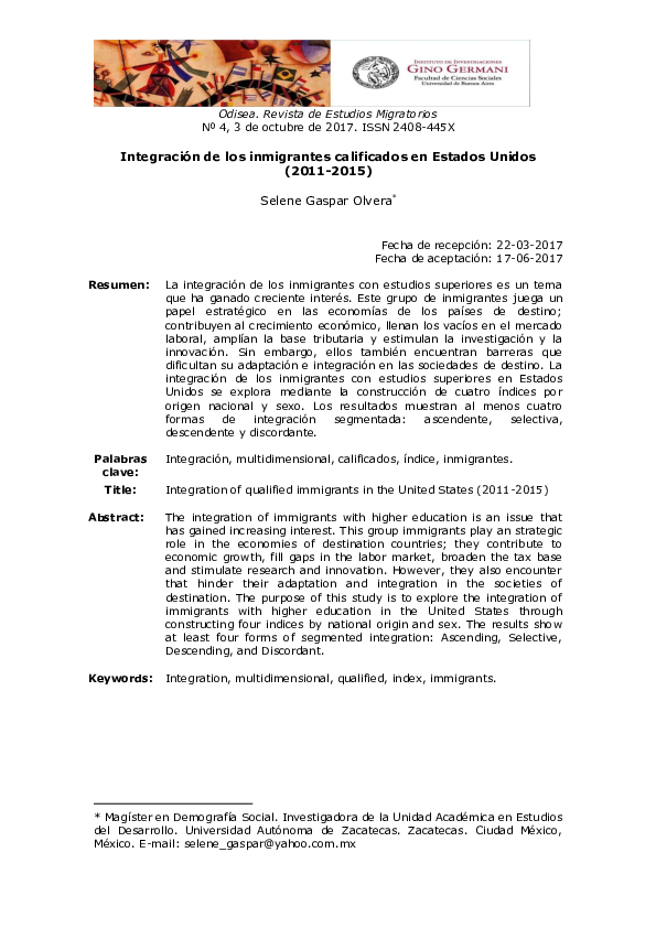 (PDF) Selene Gaspar Olvera (2017). Integración de los inmigrantes ...